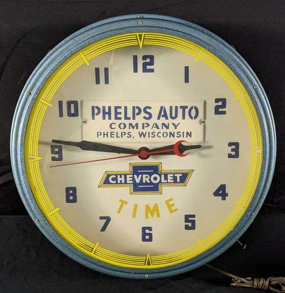LIGHTED NEON CLOCK SIGN CHEVROLET TIME PHELPS WISCONSIN - Millers ...