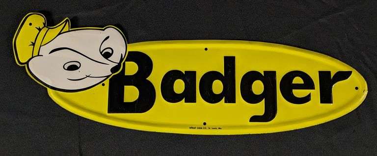NOS EMBOSSED TIN SIGN BADGER EQUIPMENT (WISCONSIN) - Millers Auction Co.