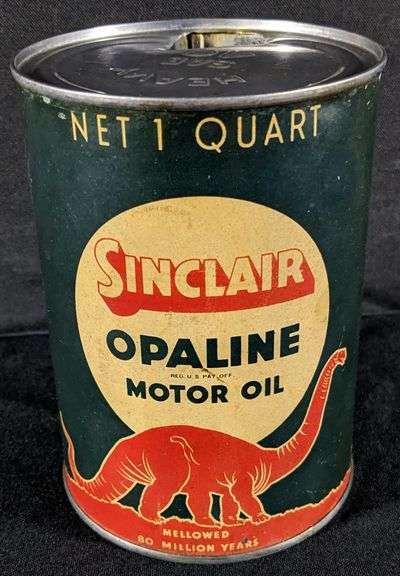 QUART OIL CAN SINCLAIR OPALINE BRONTOSAURUS DINOSAUR - Millers Auction Co.