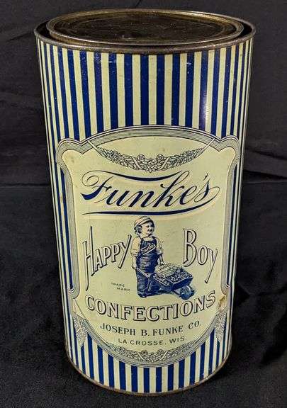 TIN LITHO CANDY CAN FUNKE'S HAPPY BOY CONFECTIONS JOSEPH B FUNKE LA ...