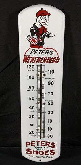 PORCELAIN THERMOMETER SIGN PETERS WEATHERBIRD DIAMOND BRAND SHOES ...