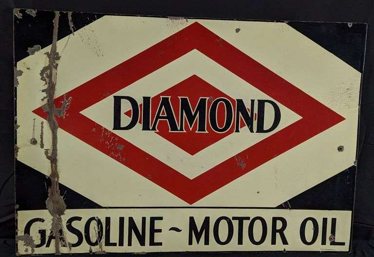 PORCELAIN SIGN DIAMOND GASOLINE MOTOR OIL (2 SIDED) - Millers Auction Co.