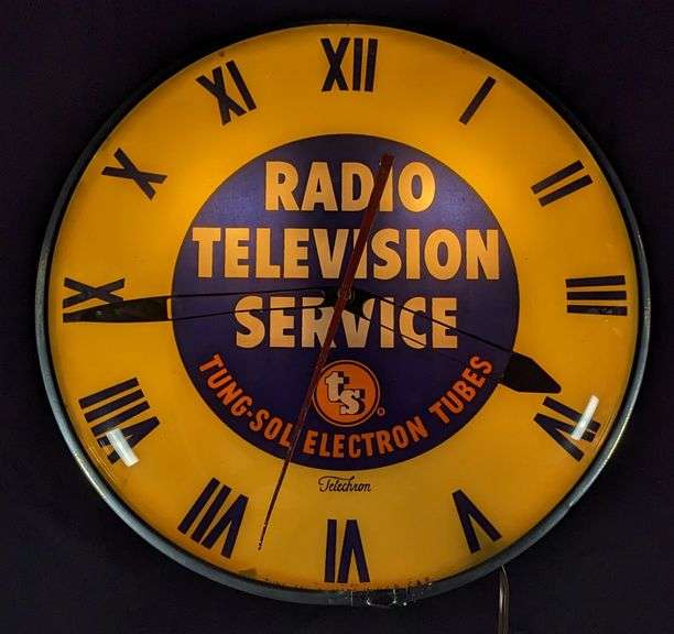 "TELECHRON" LIGHTED CLOCK SIGN RADIO TELEVISION SERVICE TUNG-SOL ...