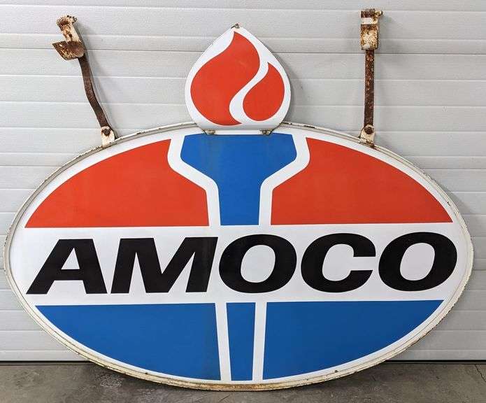 PORCELAIN AMOCO GASOLINE GAS STATION SIGN WITH FLAME TOPPER & ORIGINAL ...