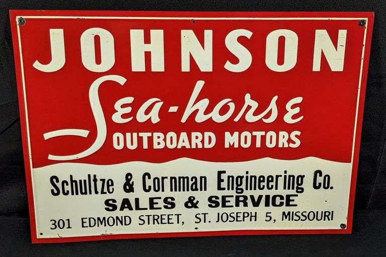 EMBOSSED TIN SIGN JOHNSON SEA HORSE OUTBOARD MOTORS ST JOSEPH MISSOURI ...