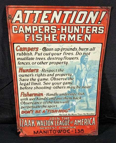 EMBOSSED TIN SIGN IZAAK WALTON LEAGUE OF AMERICA MANTIWOC WISCONSIN ...