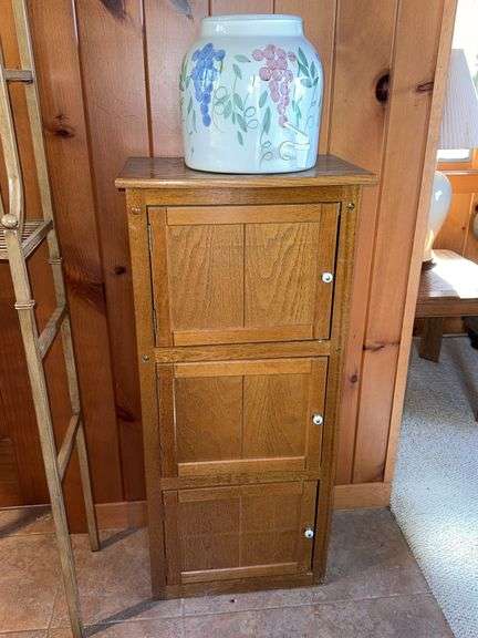 Narrow wood cabinet with dispenser - McLaughlin Auctioneers, LLC- mc-bid.com