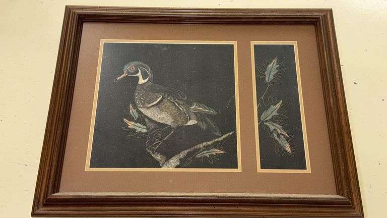 Framed Art Print of Duck and Leaves, 28" x 21", Brown Wood Frame ...