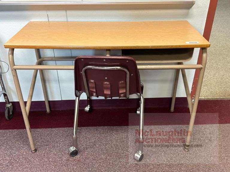 School Desk and Chair Set, Burgundy Chair with Wheels, Desk with ...