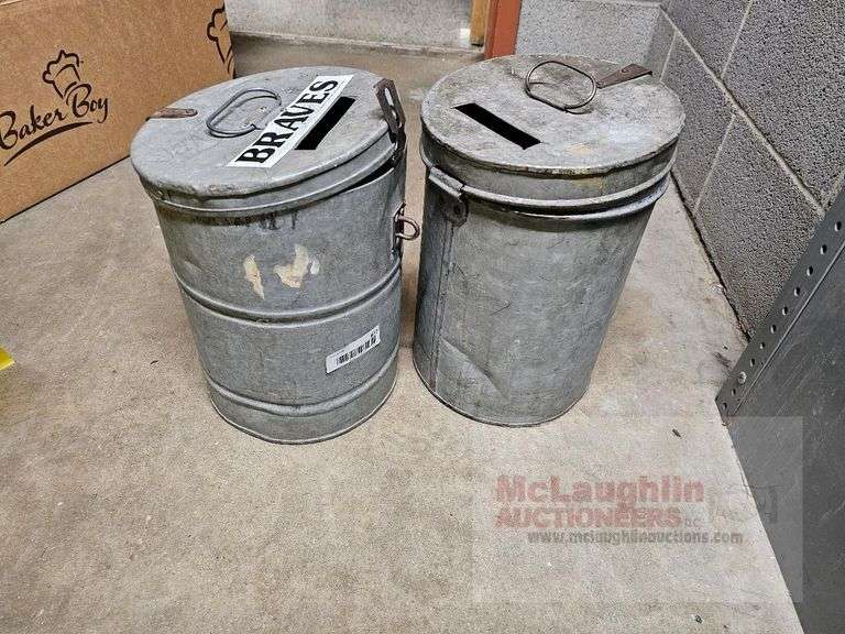 2 Metal Ash Cans with Removable Lid, Grey, Approx. 6 Gallon Capacity ...