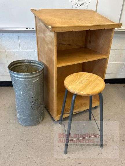 Podium, Stool and Tall Trash Can - McLaughlin Auctioneers, LLC- mc-bid.com