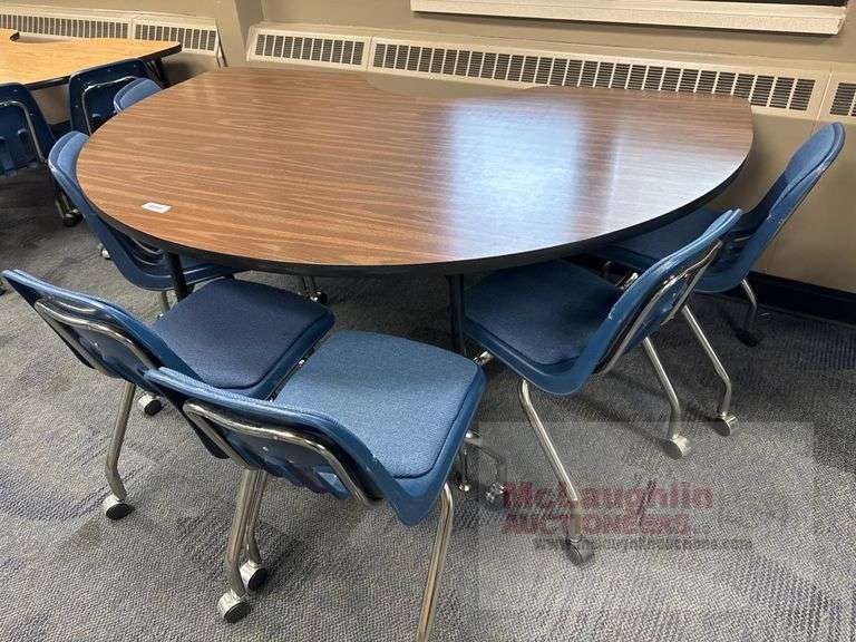 Kidney-Shaped Classroom Table with 6 Blue Chairs, Features Wheels ...