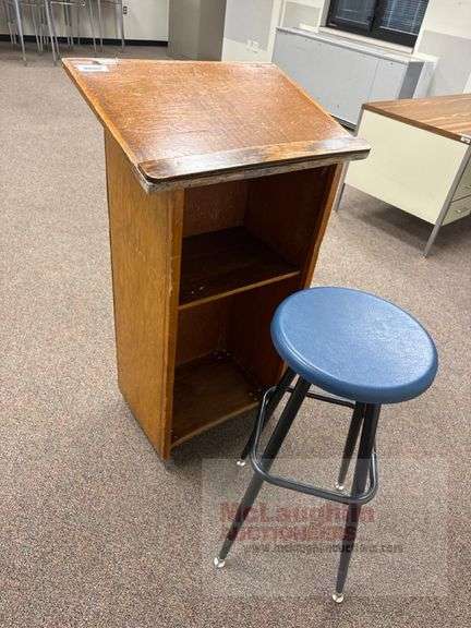 Wooden Podium with Blue Stool, Inclined Surface, Shelves - McLaughlin ...