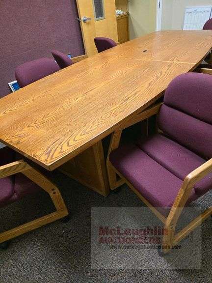 Conference Table with 6 Rolling Maroon Chairs, Wood, Oval Shape ...