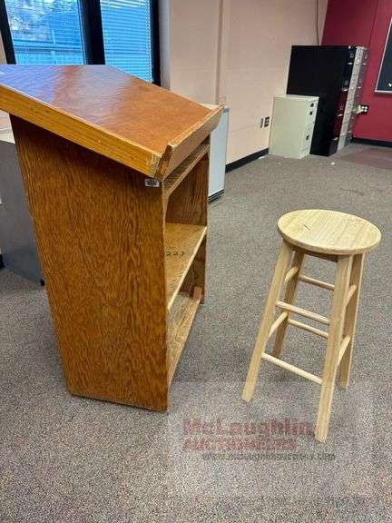 Wooden Podium with Stool, Shelving and Slanted Top - McLaughlin ...