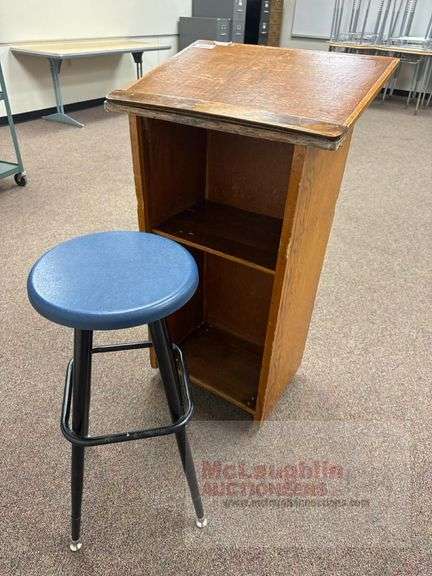 Wooden Podium with Blue Stool, Inclined Surface, Shelves - McLaughlin ...