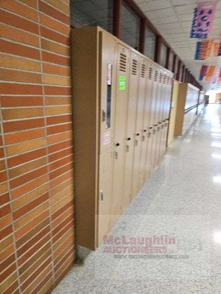 8 Beige Metal School Lockers with Combination Locks. Fire Extinguisher ...