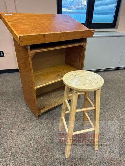 Wooden Podium with Stool, Shelving and Slanted Top - McLaughlin ...