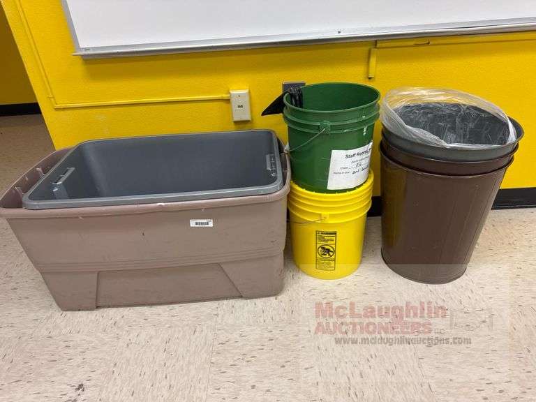 (2) Totes, Plastic Storage Bin, Yellow & Green Buckets, Brown Trash Can ...