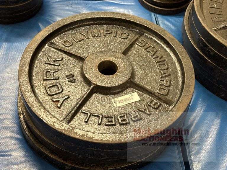 York Olympic Standard Barbell 45 lbs Weight Plates, Cast Iron, Black ...