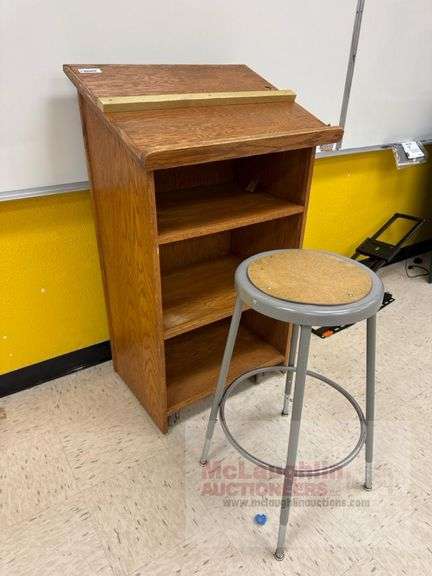 Wooden Lectern with Shelves and Metal Stool - McLaughlin Auctioneers ...