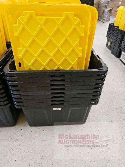 9 Black and Yellow Plastic Storage Totes with Lids, 27 Gallon Capacity ...