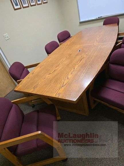 Conference Table with 6 Rolling Maroon Chairs, Wood, Oval Shape ...