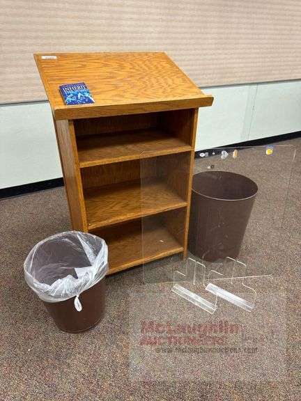 Wooden Podium with Shelves, Acrylic Panels, Brown Trash Bins ...
