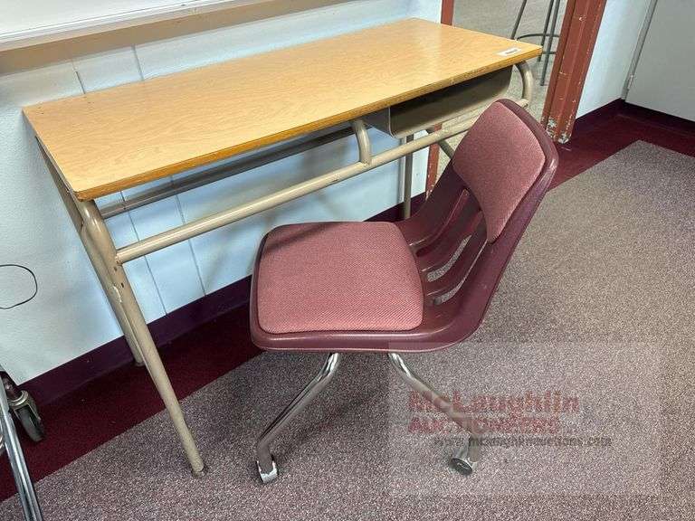 School Desk and Chair Set, Burgundy Chair with Wheels, Desk with ...