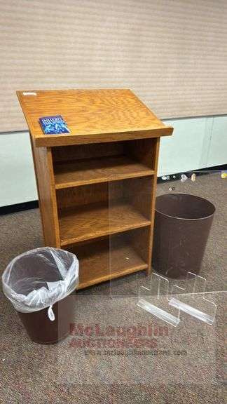 Wooden Podium with Shelves, Acrylic Panels, Brown Trash Bins ...