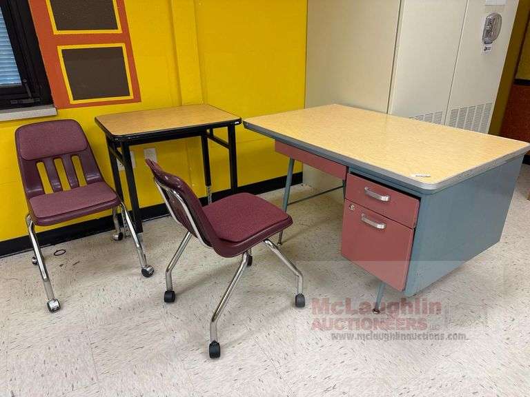 School Furniture Set with Desk and Two Maroon Chairs and Side Table ...