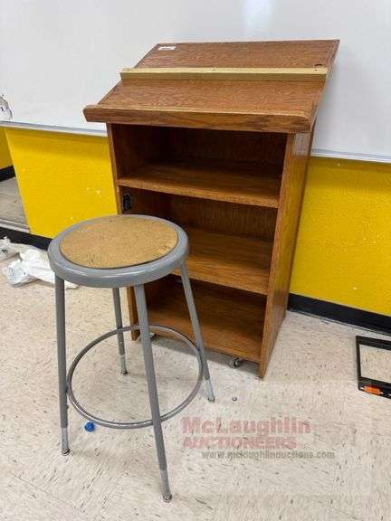 Wooden Lectern with Shelves and Metal Stool - McLaughlin Auctioneers ...