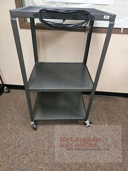 Black Metal AV Cart, 3 Shelves, Built-In Power Strip, Caster Wheels ...