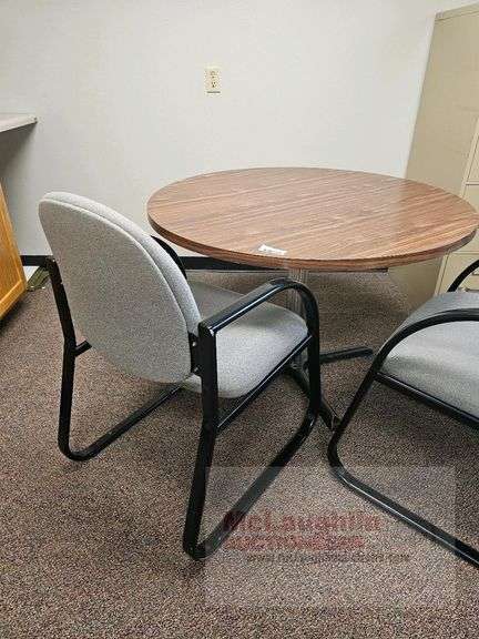 Round Office Table with Chairs Set, Brown Table, Grey Chairs, Seating ...