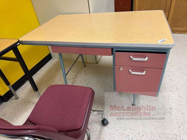 School Furniture Set with Desk and Two Maroon Chairs and Side Table ...