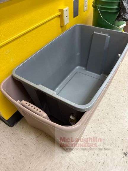 (2) Totes, Plastic Storage Bin, Yellow & Green Buckets, Brown Trash Can ...