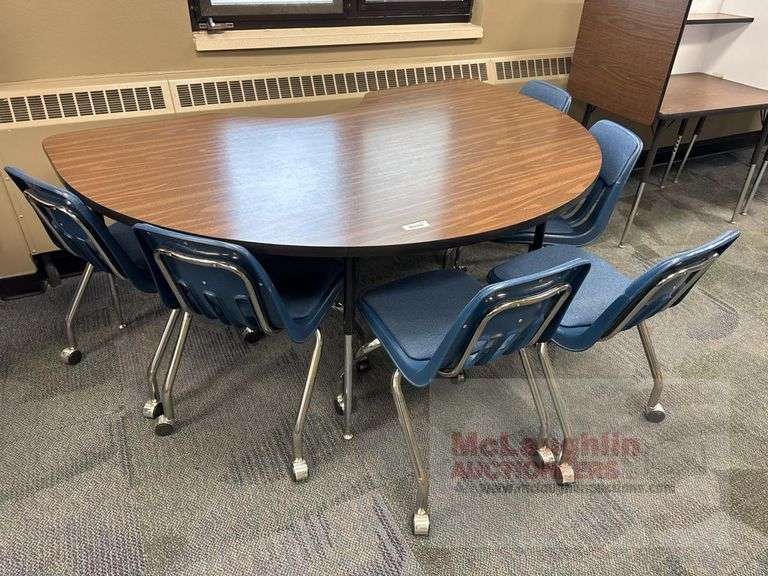 Kidney-Shaped Classroom Table with 6 Blue Chairs, Features Wheels ...
