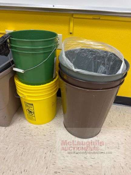 (2) Totes, Plastic Storage Bin, Yellow & Green Buckets, Brown Trash Can ...