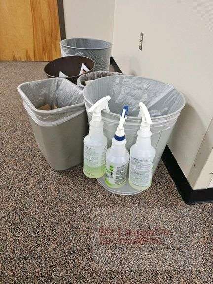 Plastic Trash Cans with Liners and Cleaning Spray Bottles, Grey and ...