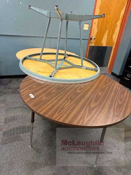 3 Round Tables, 48" Diameter, Metal Frames, Wood Veneer Finish ...