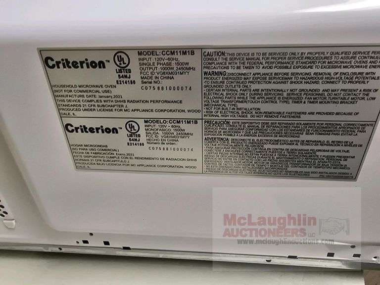 Criterion CCM11M1B Microwave Oven, 1000W Power Output, Black, Serial ...