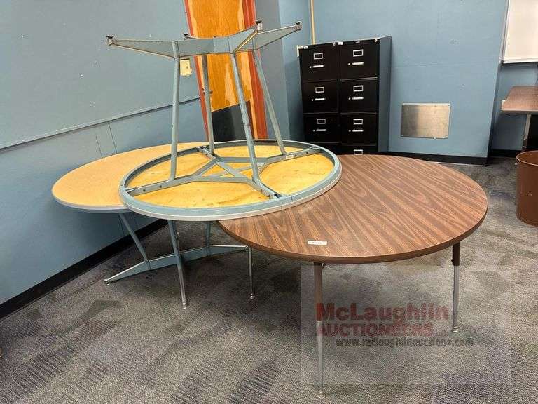 3 Round Tables, 48" Diameter, Metal Frames, Wood Veneer Finish ...