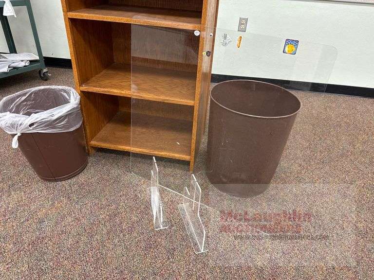 Wooden Podium with Shelves, Acrylic Panels, Brown Trash Bins ...