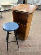 Wooden Podium with Blue Stool, Inclined Surface, Shelves - McLaughlin ...
