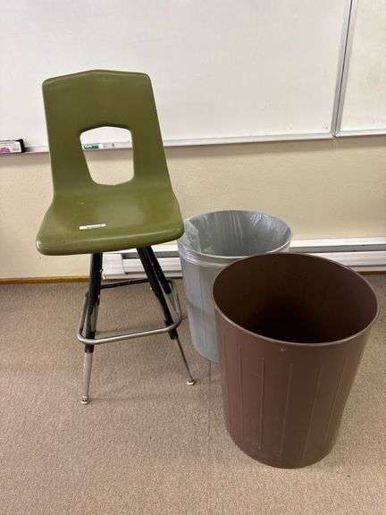 Olive Green Stool Chair, Plastic and Metal, with Footrest and garbage ...