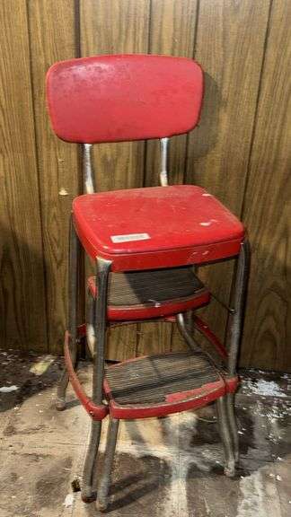 Vintage Cosco Step Stool Chair, Red, Metal and Vinyl, Fold-out Steps ...