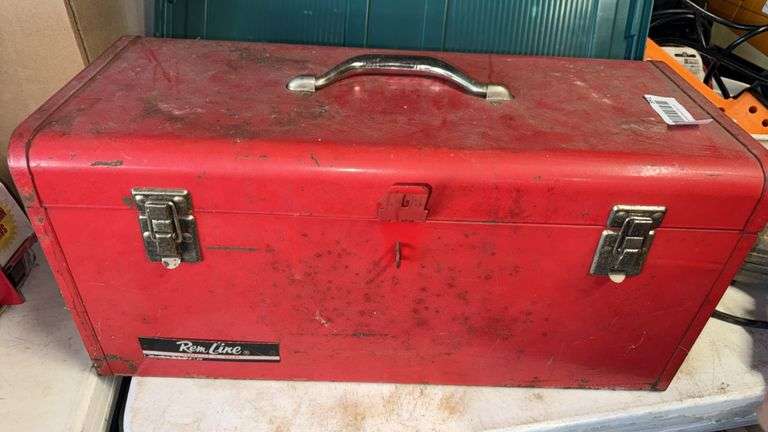 Red Metal Tool Box by Rem Line with Tools, 20" x 8" x 8" Dimensions ...