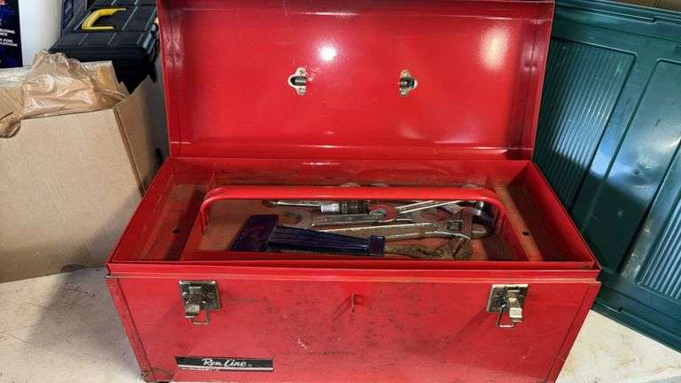 Red Metal Tool Box by Rem Line with Tools, 20" x 8" x 8" Dimensions ...