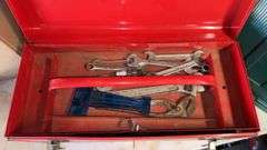 Red Metal Tool Box by Rem Line with Tools, 20" x 8" x 8" Dimensions ...