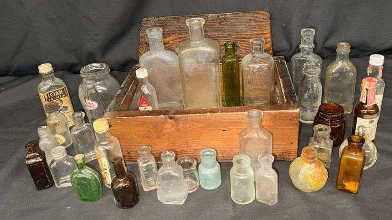 Antique & Vintage Glass Bottles Collection with Wooden Crate, Various ...